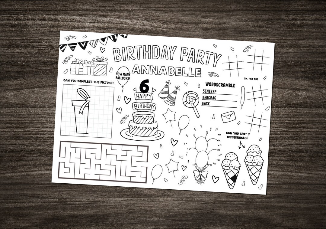 Personalized Birthday Activity Placemat: Printable Party Favor (digital ...
