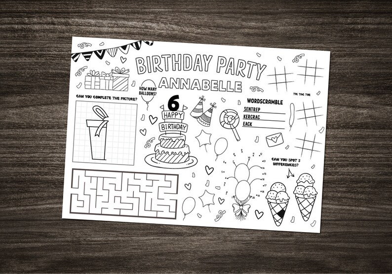 Personalised** Birthday Activity Sheet Placemat - Digital Download Art ...