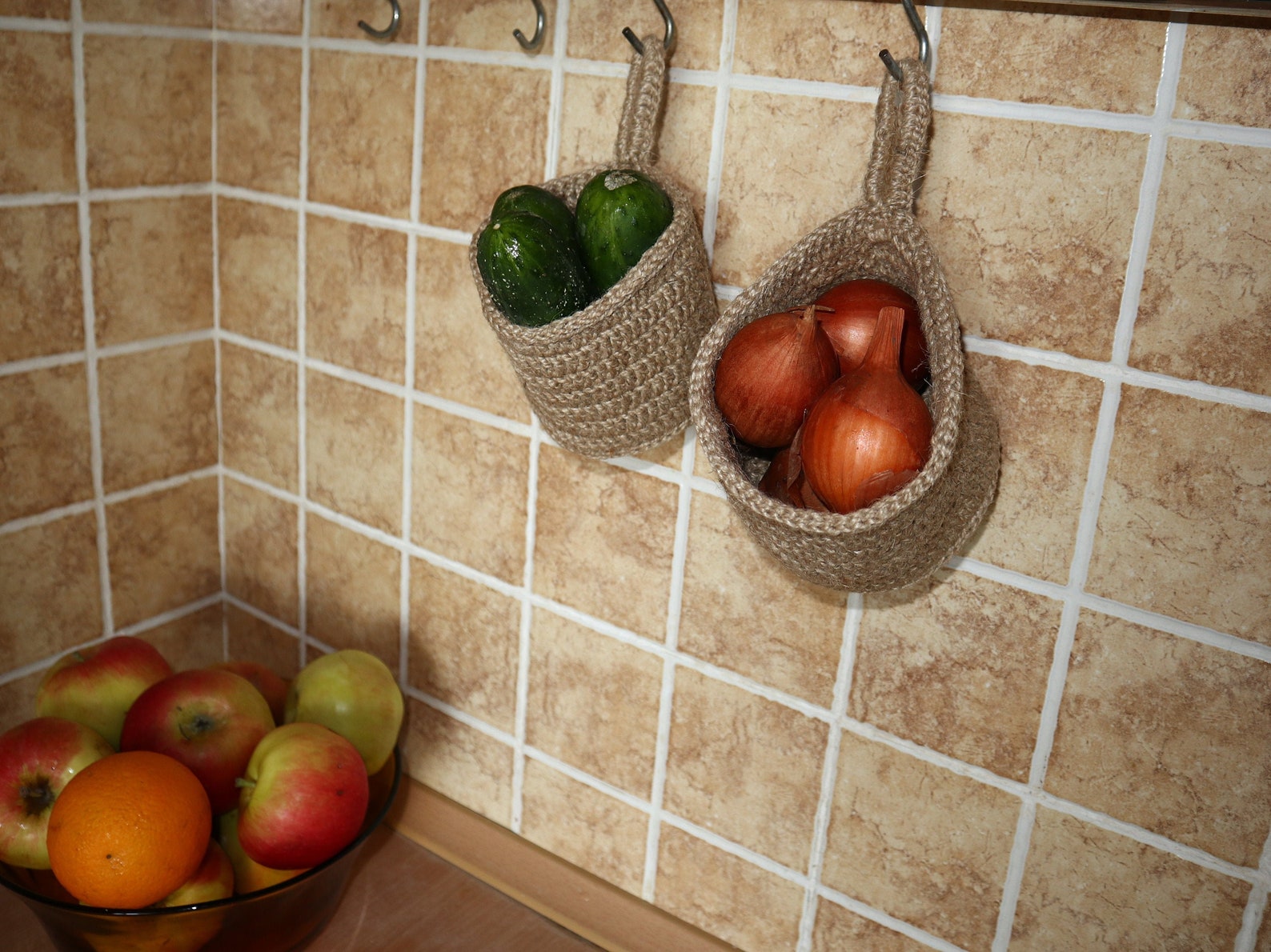 Jute Hanging Basket Kitchen Hanging Storage Crochet Wall - Etsy