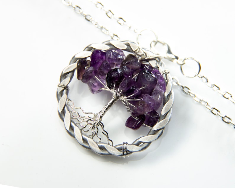 Aluminum Tree of Life Pendant, Amethyst Necklace, 10th Anniversary Gift ...