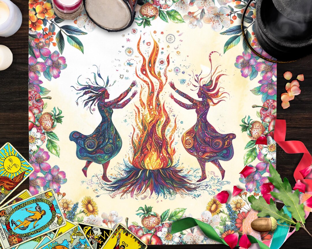 Beltane Altar Cloth Bonfire Tarot Cloth Spring Watercolor Wheel of the ...