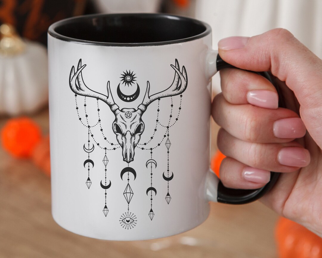 Witchy Deer Skull Pagan Mug Celestial Wiccan Stag Head Crystal Coffee ...