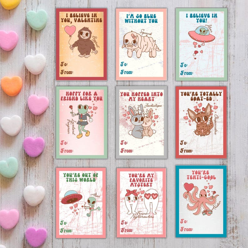 Cute Cryptid Printable Valentine's Day Cards, Happy Valloween Kid's ...