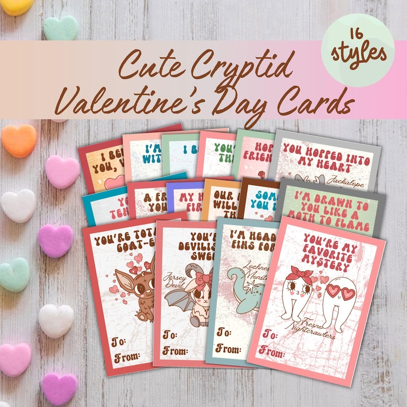 Cute Cryptid Printable Valentine's Day Cards, Happy Valloween Kid's ...