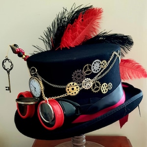 Steampunk Top Hat 100% Wool Black Red Google's Clock Wheels Real Pocket ...