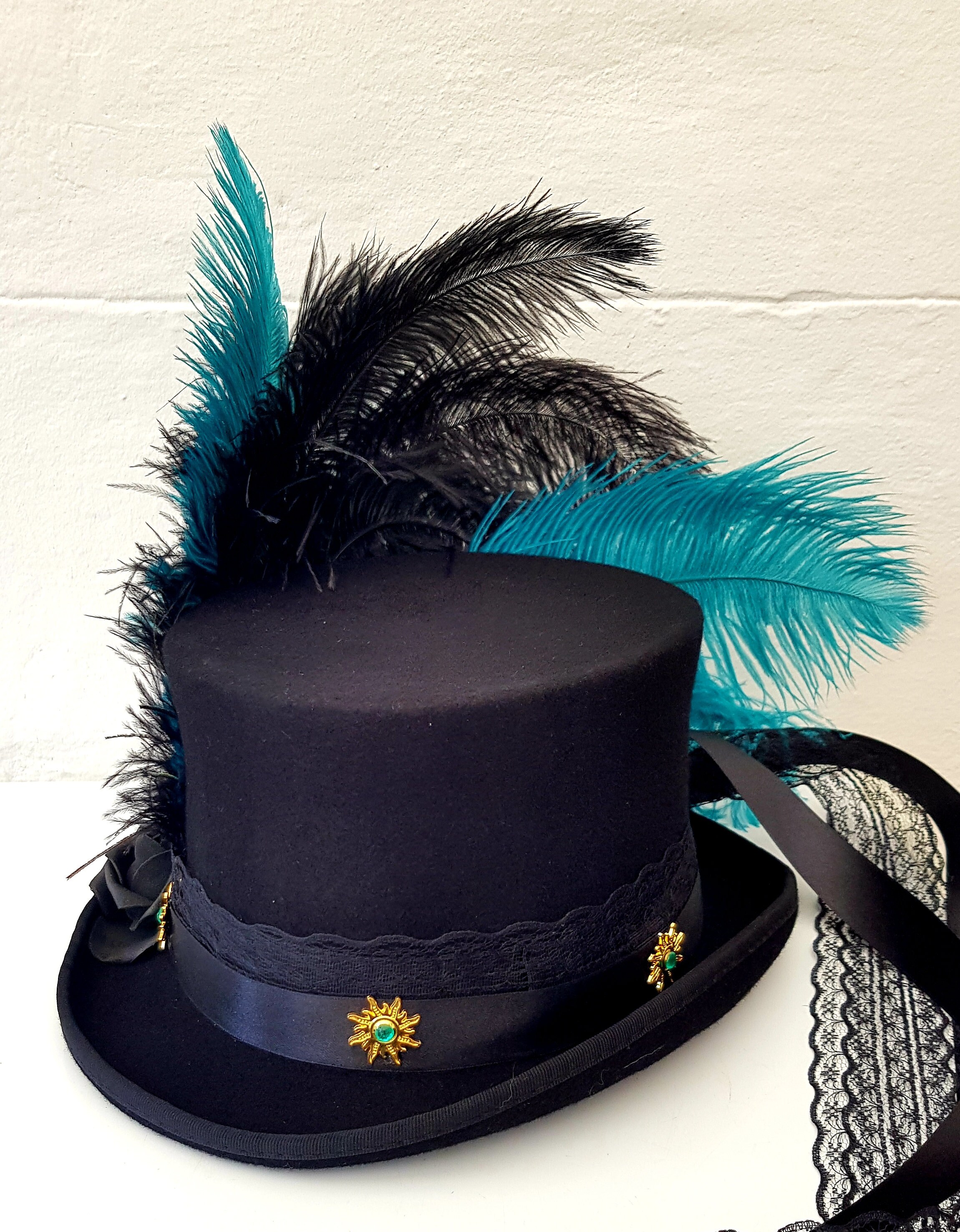 Stevie Nicks Inspired 100% Wool Black Top Hat Peacock Blue Stevie Nicks Inspired 100% Wool Black Top Hat Peacock Blue
