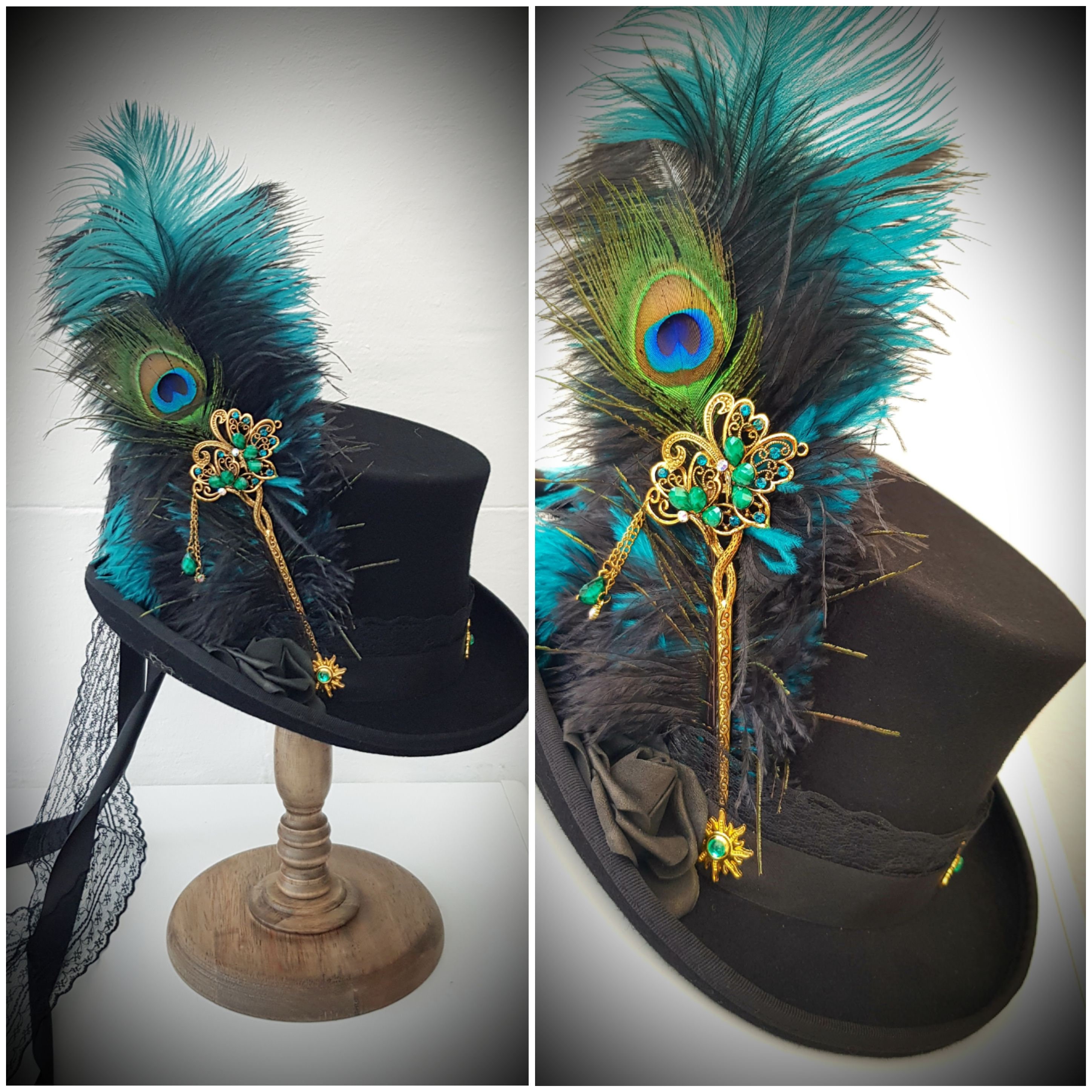 Stevie Nicks Inspired 100% Wool Black Top Hat Peacock Blue Stevie Nicks Inspired 100% Wool Black Top Hat Peacock Blue