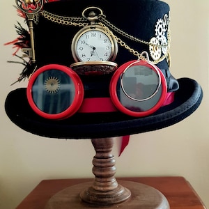 Steampunk Top Hat 100% Wool Black Red Google's Clock Wheels Real Pocket ...