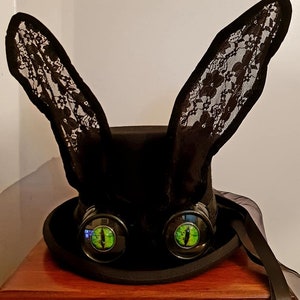 Evil Bunny Top Hat 100% Wool Steampunk Black Goggles Green Eyes Rabbit ...