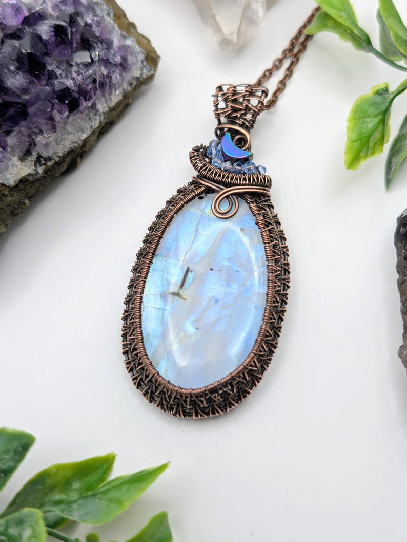 Moonstone Pendant: Large Statement Jewelry, Intricate Copper Wire ...