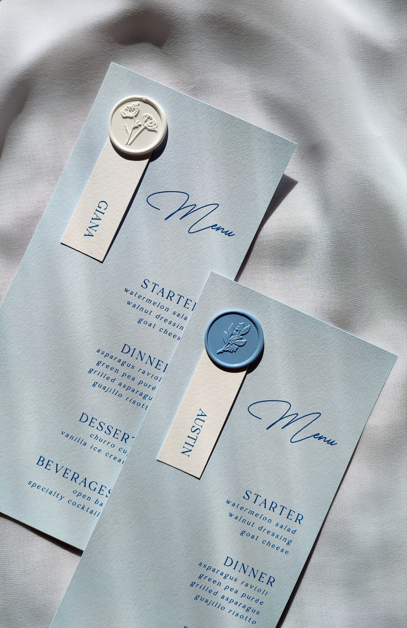 Blue Wedding Menu With Wax Seal and Guest Names Place Card, Light Blue ...