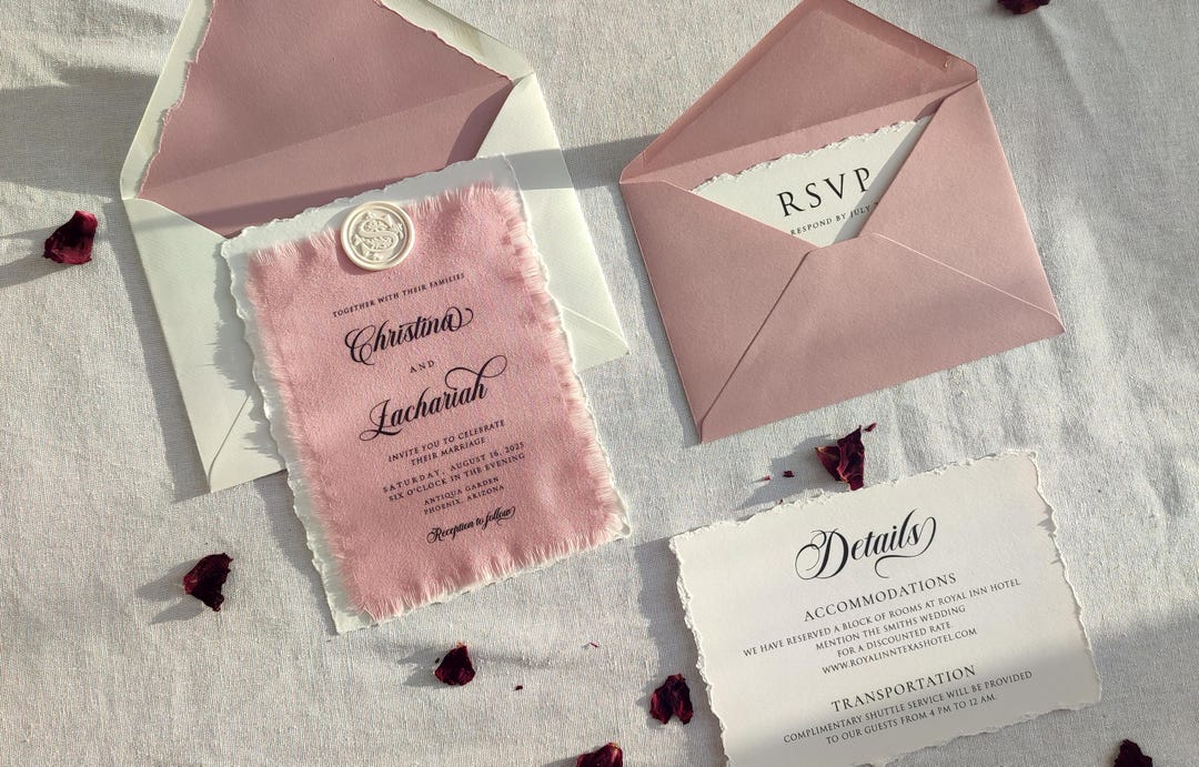 Fabric Wedding Invitation, Dusty Pink Ivory Wax Seal Cotton Invitations ...