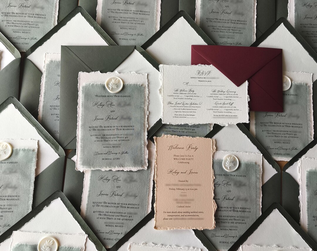Fabric Wedding Invitation, Green, Ivory - With Wax Seal & Hand Torn ...