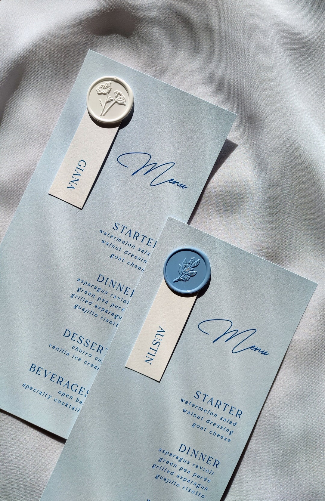 Blue Wedding Menu, Wax Seal Menu, French Blue Menu, Place Cards ...