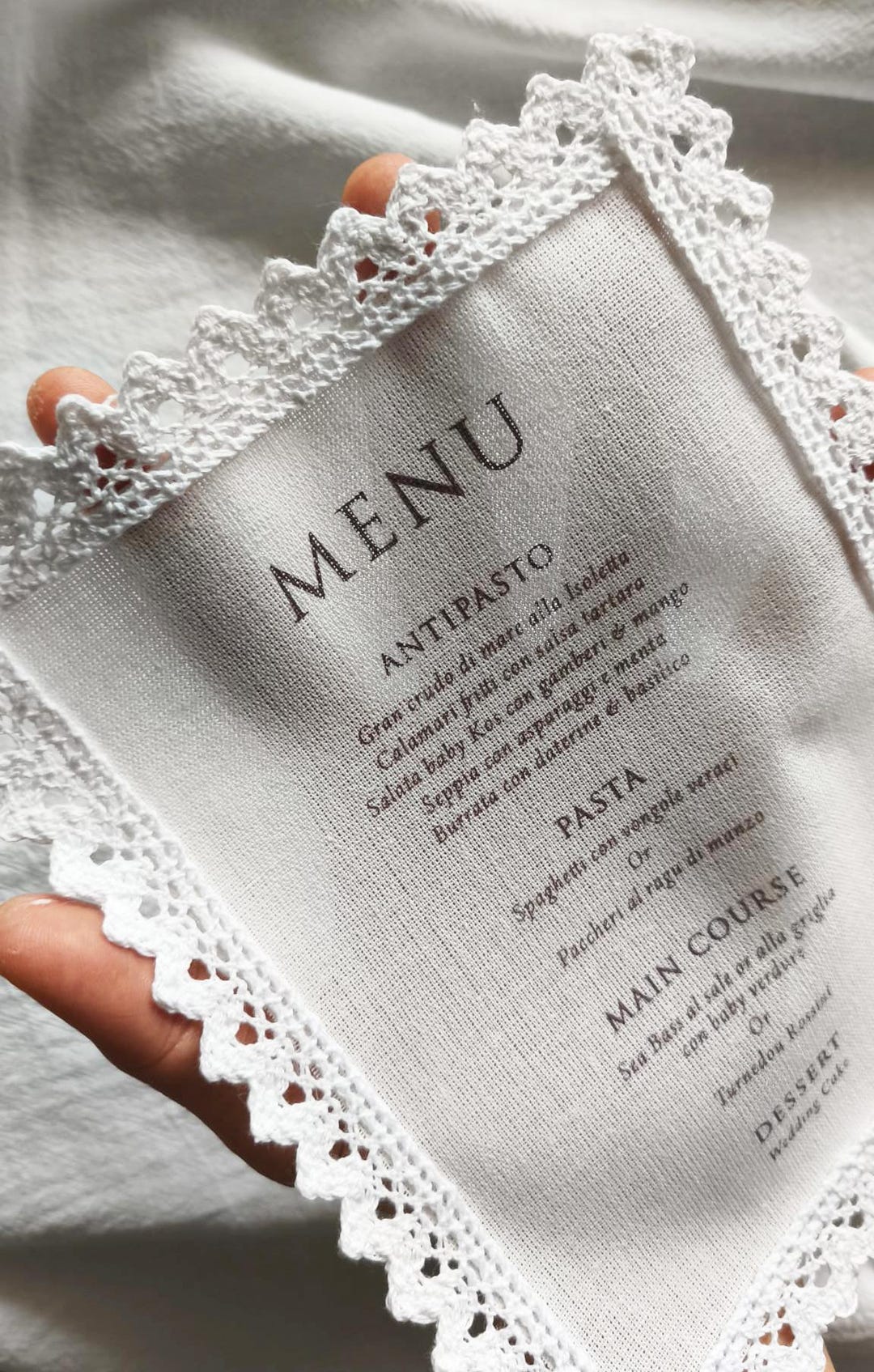 Lace Wedding Menu, Fabric Menus With White Crocheted Laced Trim - Etsy