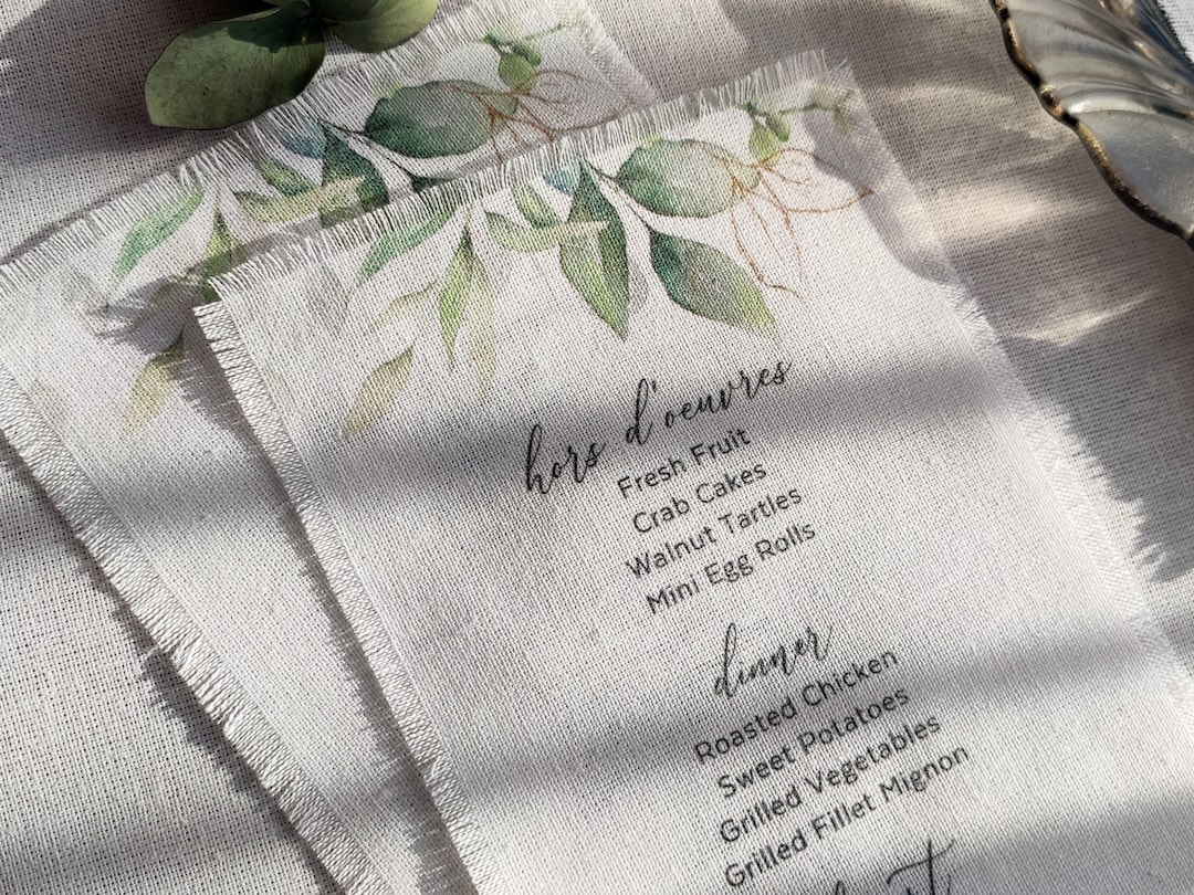 Fabric Menu, Wedding Fabric Menus, Eucalyptus Menu, Rustic Wedding ...