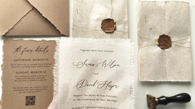 Fabric Wedding Invitation, Fabric Invitations With Wax Seal & Jacket ...