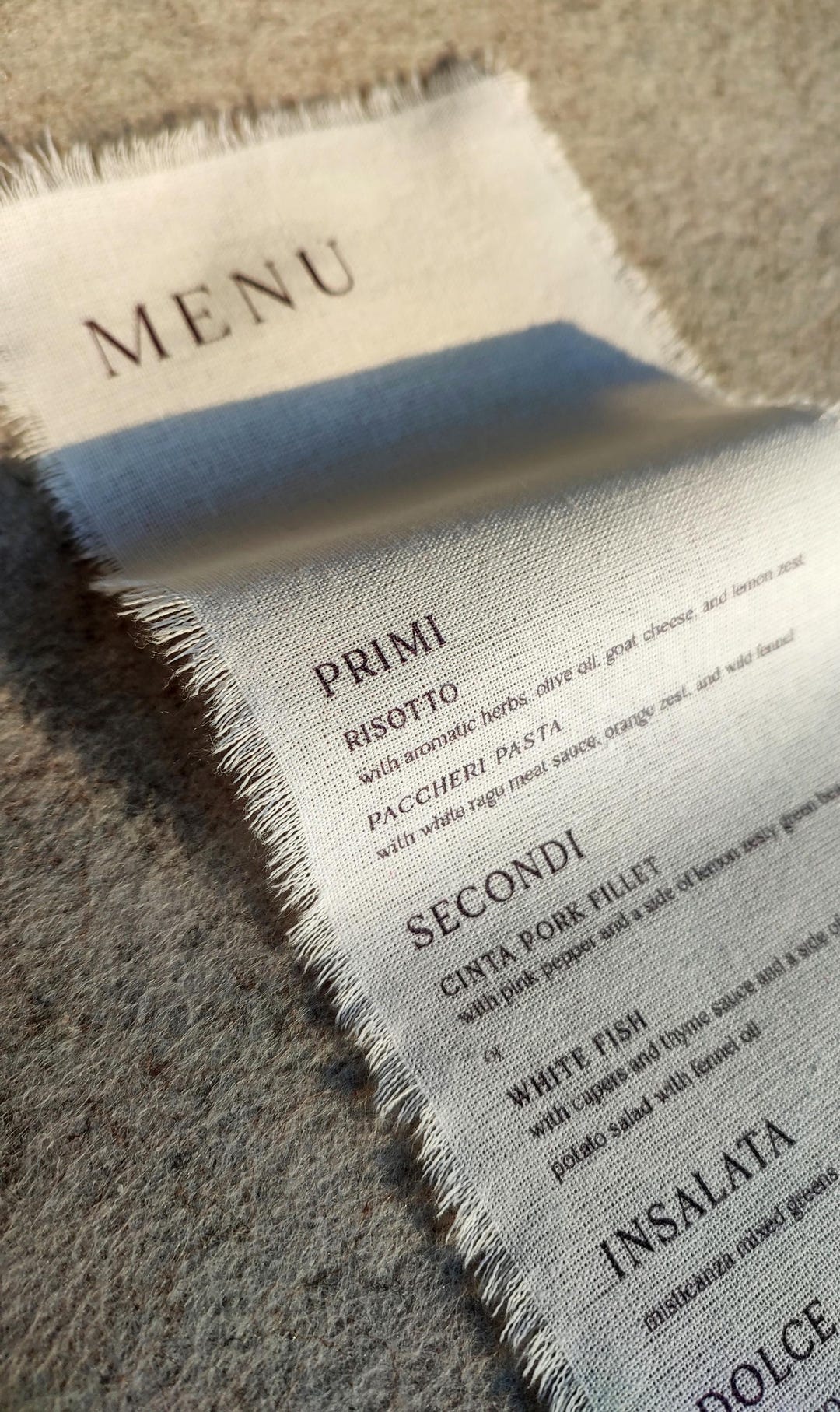Fabric Menu, Cotton Wedding Menus, Rustic, Cotton, Raw Hand Torn Edges ...