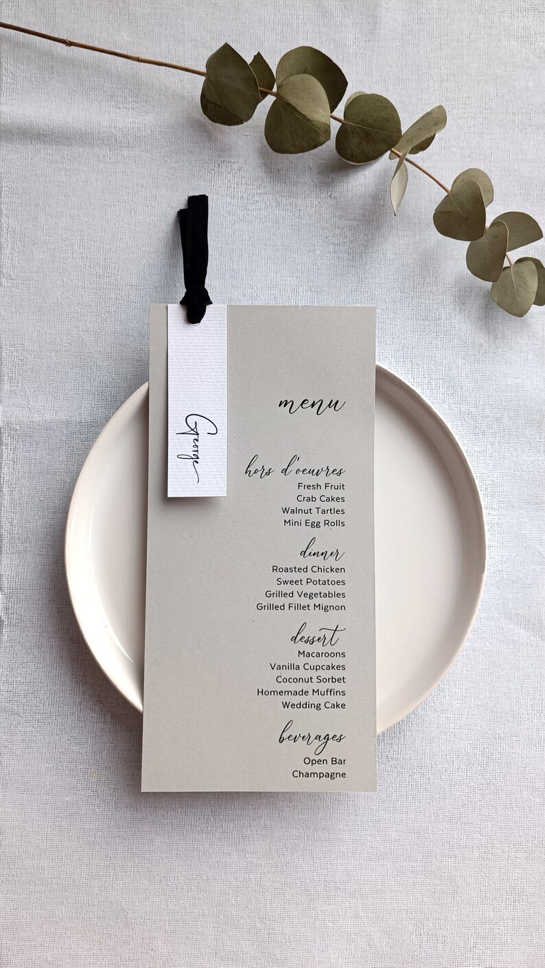 Gray Menu Place Card Menu Elegant Menu Card Velvet Ribbon | Etsy
