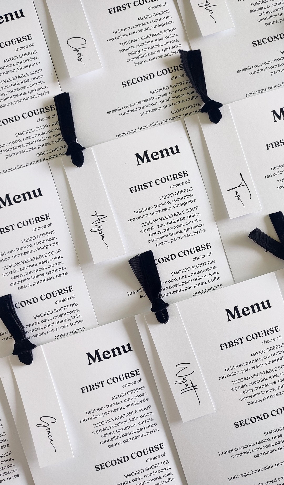 Elegant Wedding Menu, Velvet Ribbon Menu, Place Card Menu, Minimalist ...