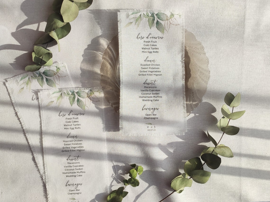 Fabric Menu Wedding Fabric Menus Eucalyptus Menu Rustic - Etsy
