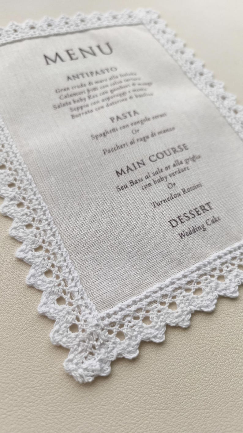 Lace Wedding Menu, Fabric Menus With White Crocheted Laced Trim - Etsy