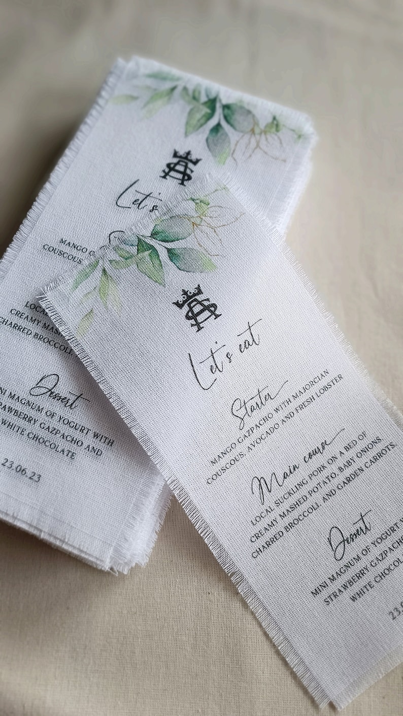 Fabric Menu Wedding Fabric Menus Eucalyptus Menu Rustic - Etsy