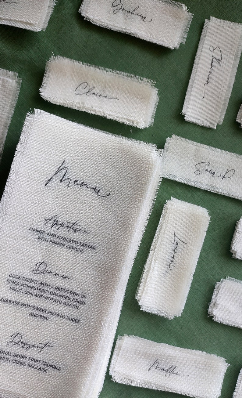 Linen Menu, Linen Fabric Menus With Raw Edges and Optional Name Cards ...