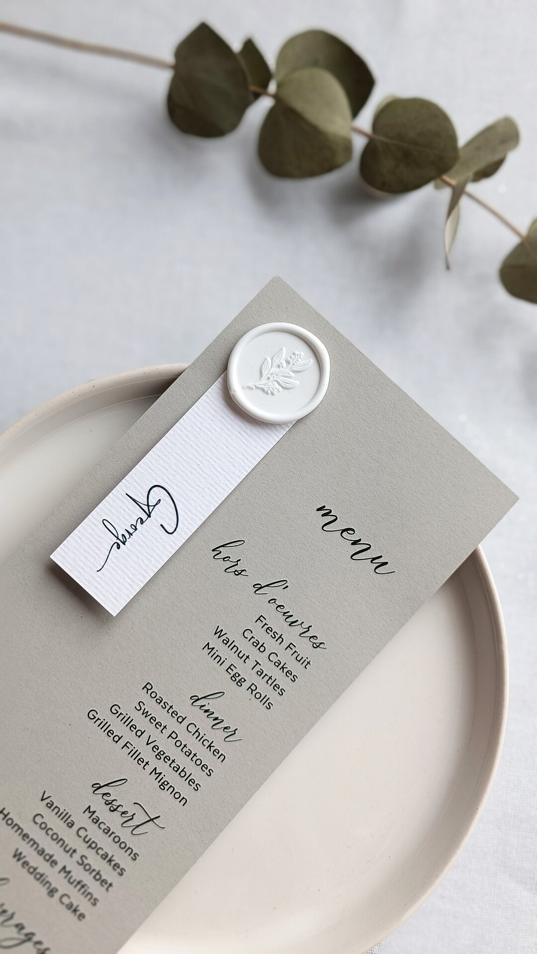 Gray Menu, Wax Seal Menu Card, Light Gray, Place Cards Included ...