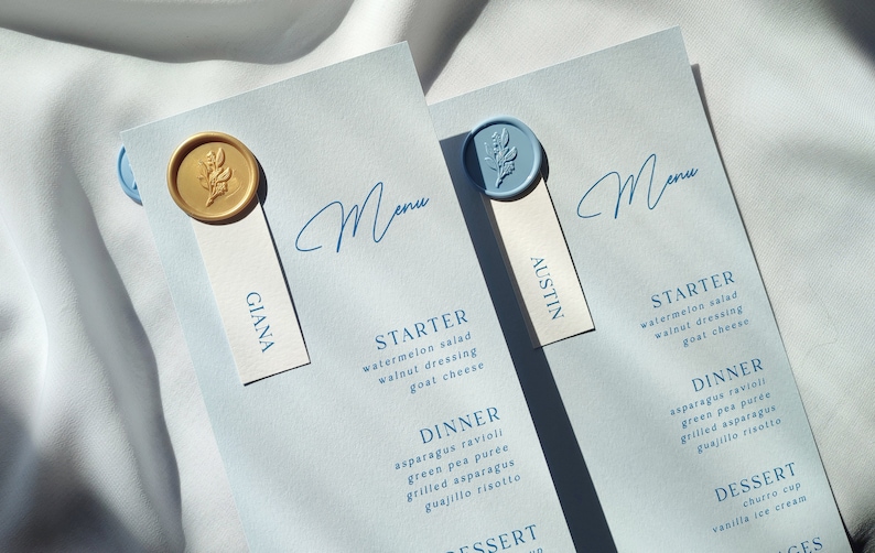 Blue Wedding Menu With Wax Seal and Guest Names Place Card, Light Blue ...