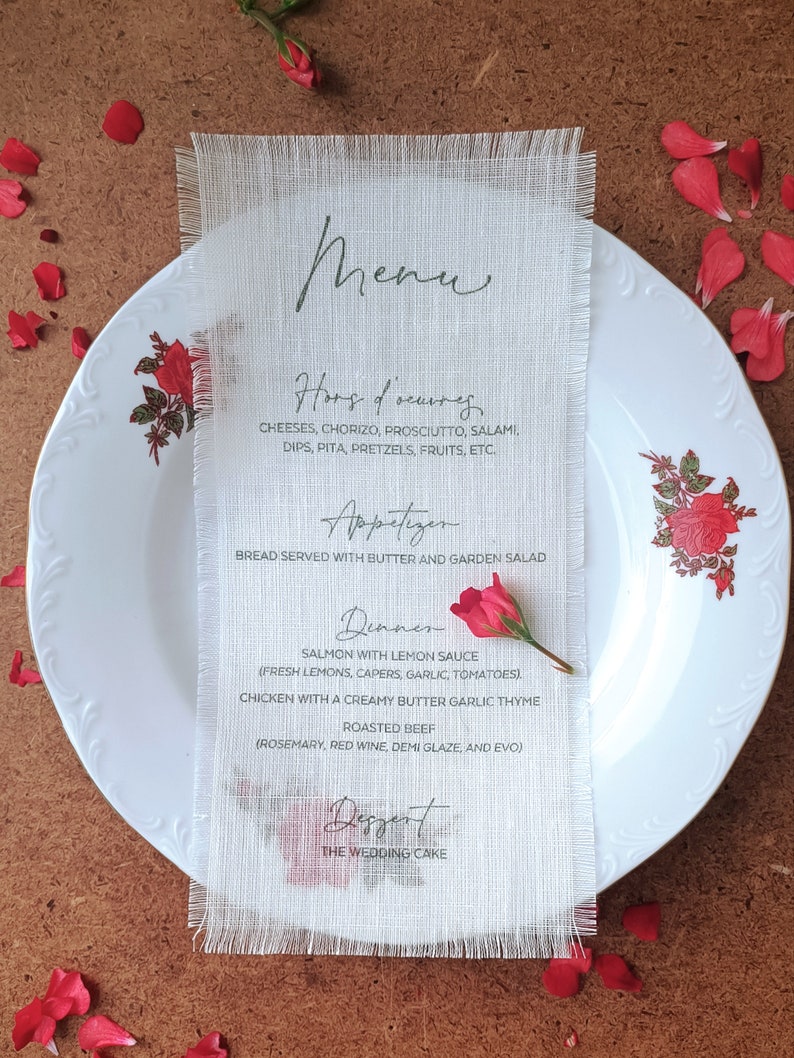 Linen Menu, Linen Fabric Menus With Raw Edges and Optional Name Cards ...