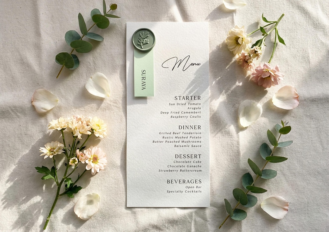 Sage Green Menus, Wax Seal Wedding Menu, Elegant White Menu Card With ...