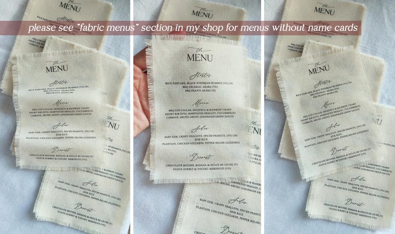 Fabric Menu, Natural Cotton With Vellum Name Card and Raw Edges - Etsy