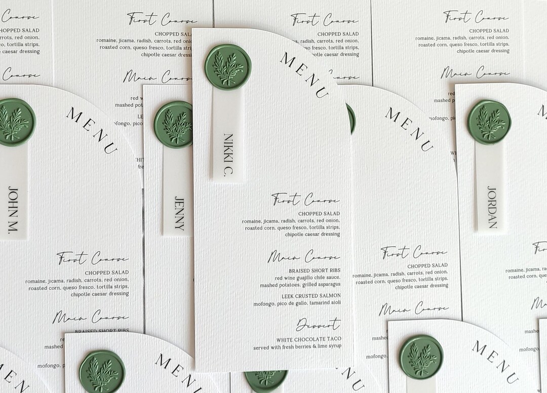 Arch Wedding Menu, Green Wax Seal, Vellum Place Cards, Half Arched ...