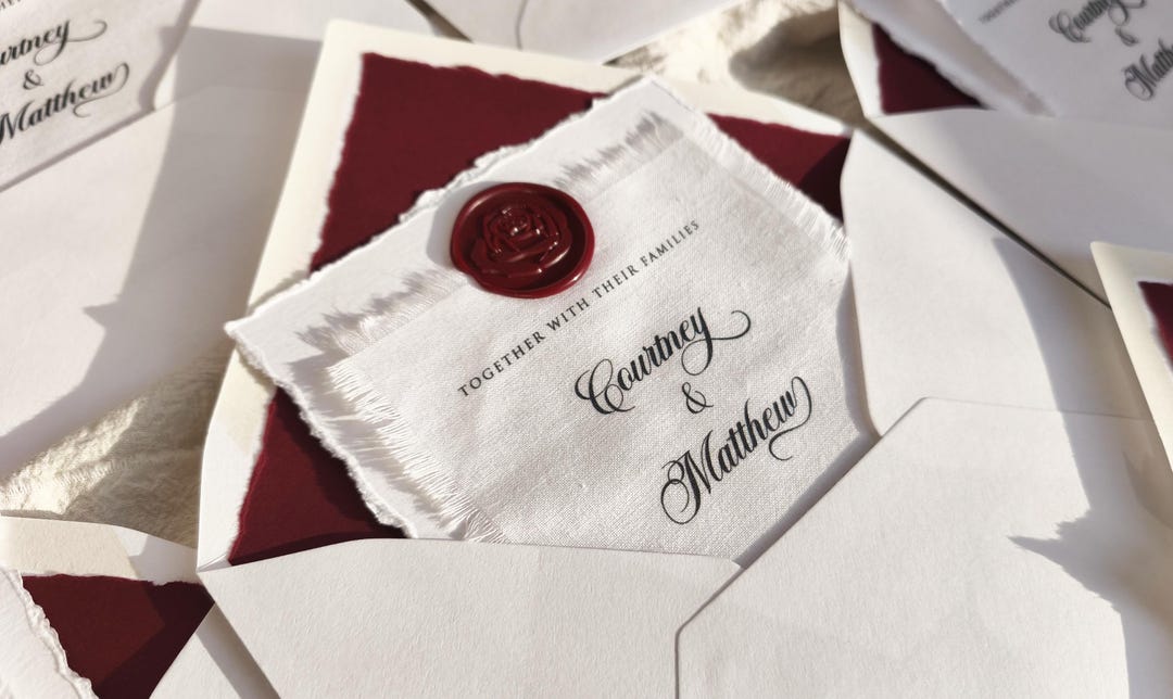Burgundy Fabric Wedding Invitation With Wax Seal & Hand Torn Edges - Etsy
