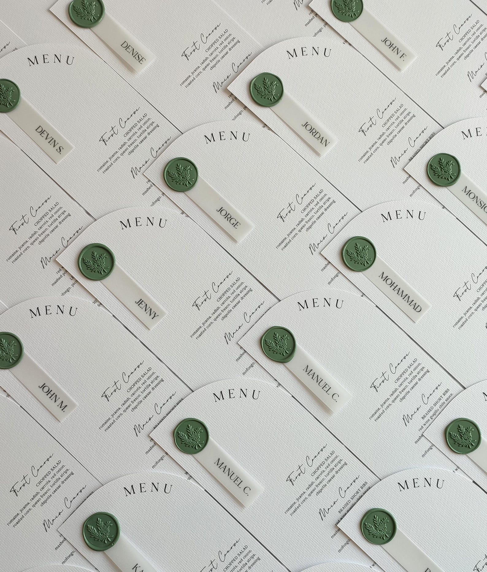 Arch Wedding Menu, Green Wax Seal, Vellum Place Cards, Half Arched ...