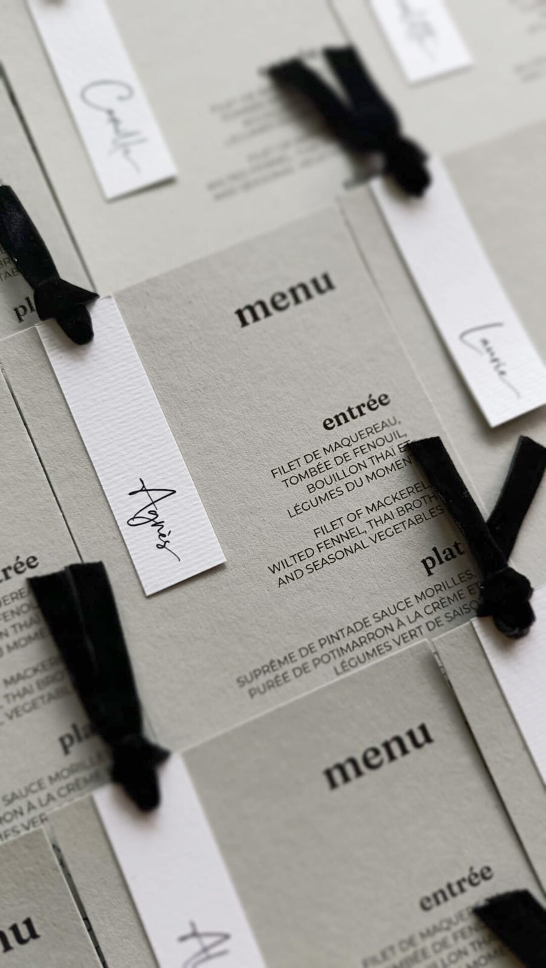 Gray Menu, Place Card Menu, Elegant Menu Card, Velvet Ribbon Menu Card ...