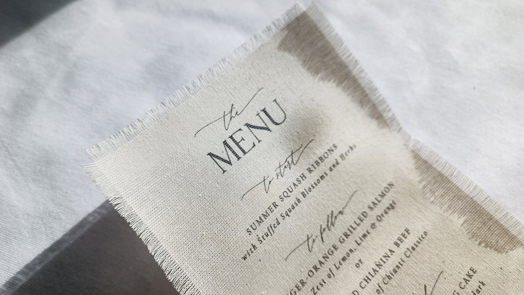 Fabric Menu, Wedding Fabric Menus, Natural Cotton, Modern Menu, Rustic ...