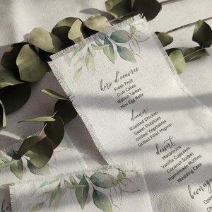 Fabric Menu, Wedding Fabric Menus, Eucalyptus Menu, Rustic Wedding ...
