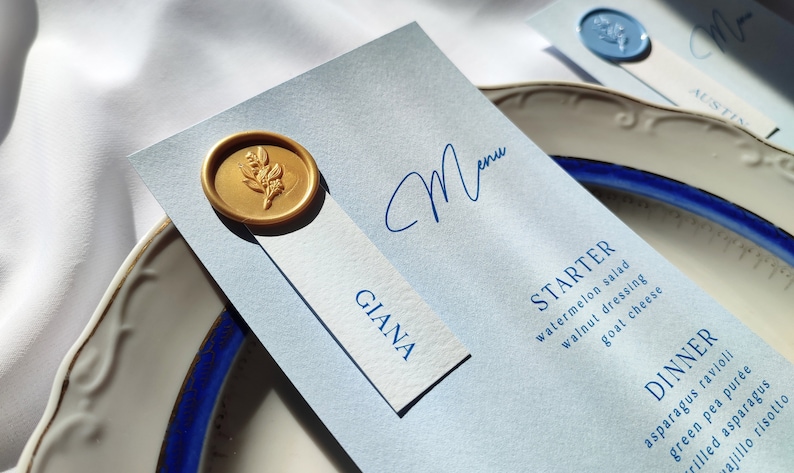 Blue Wedding Menu With Wax Seal and Guest Names Place Card, Light Blue ...