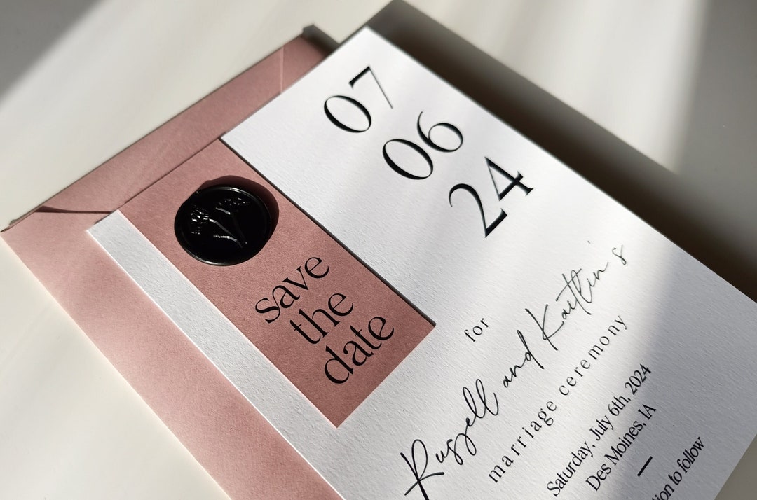 Dusty Pink Save the Date, Wax Seal Save the Date, Pink and White Save ...