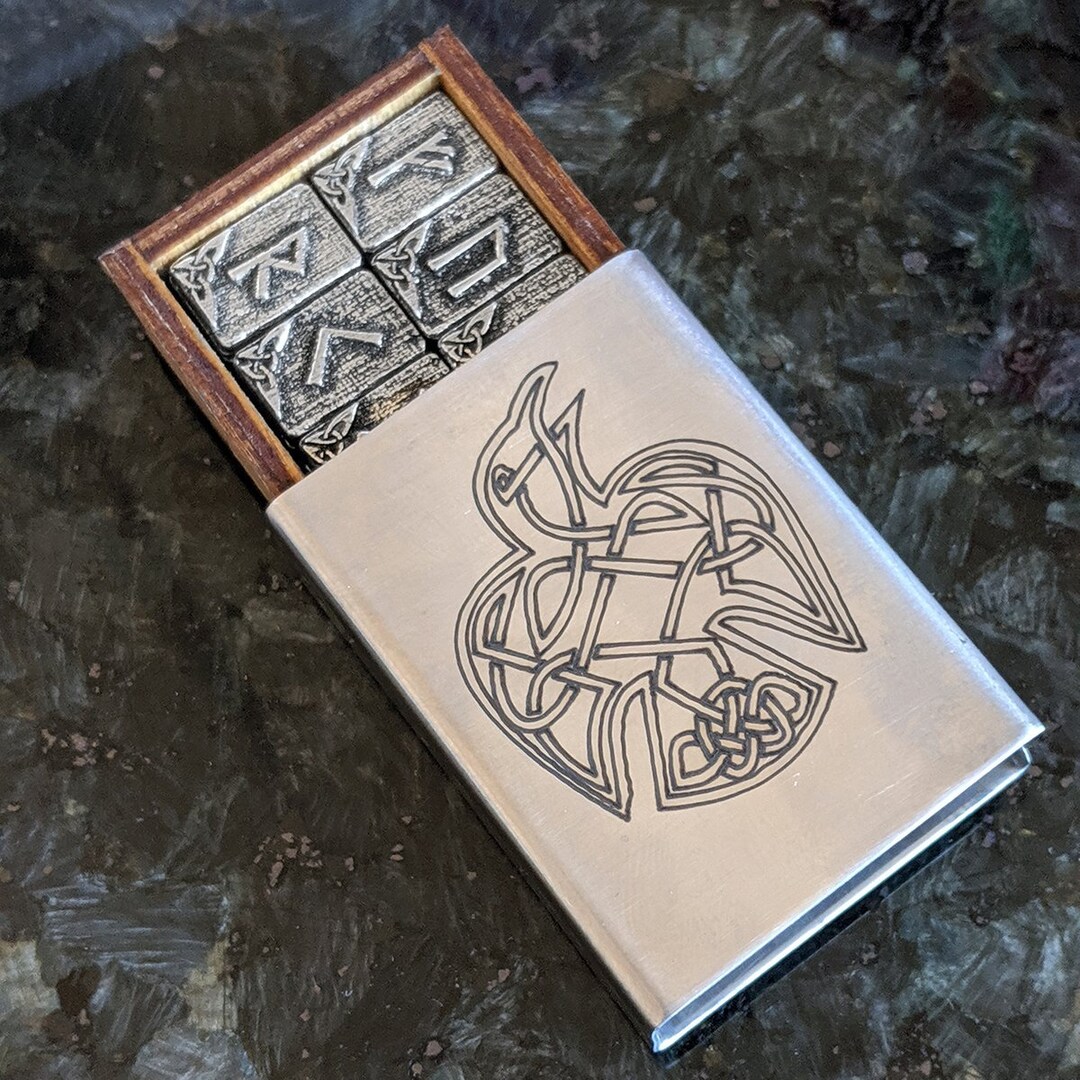 Metal Pewter Travel Rune Set 24pc In Celtic Raven Stainless Steel Box ...