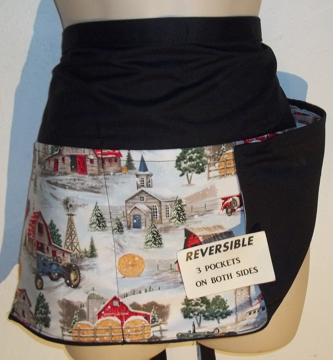 Christmas Winter Farm Scene REVERSIBLE Waitress/server Aprons 3 Pockets ...