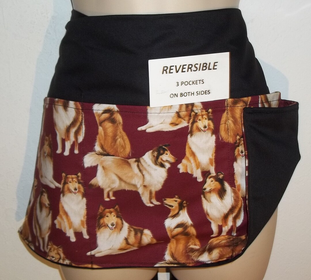 DOG COLLIE Handmade REVERSIBLE Server Waitress Waist Apron With Three ...