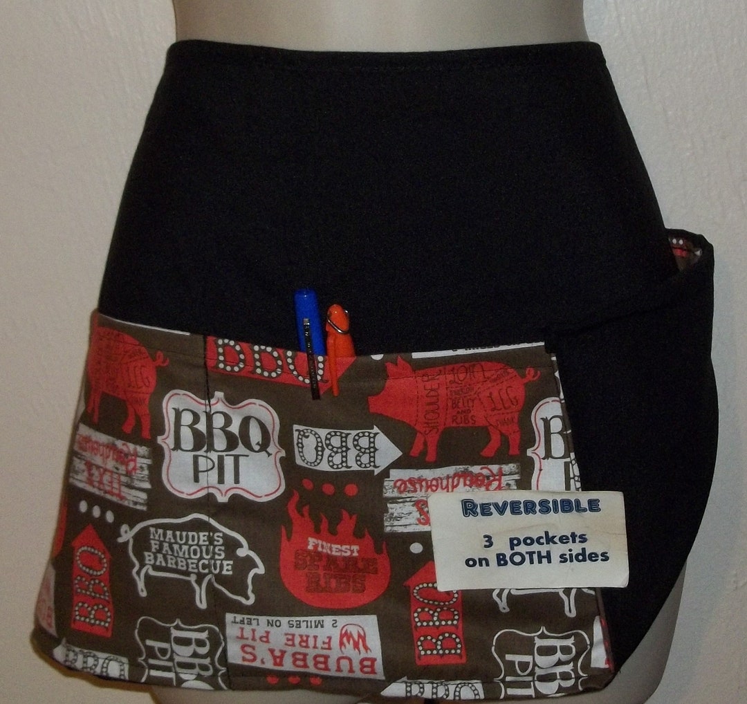 BBQ PIT Handmade Server Waitress Waist Apron Reversible Three Pockets ...