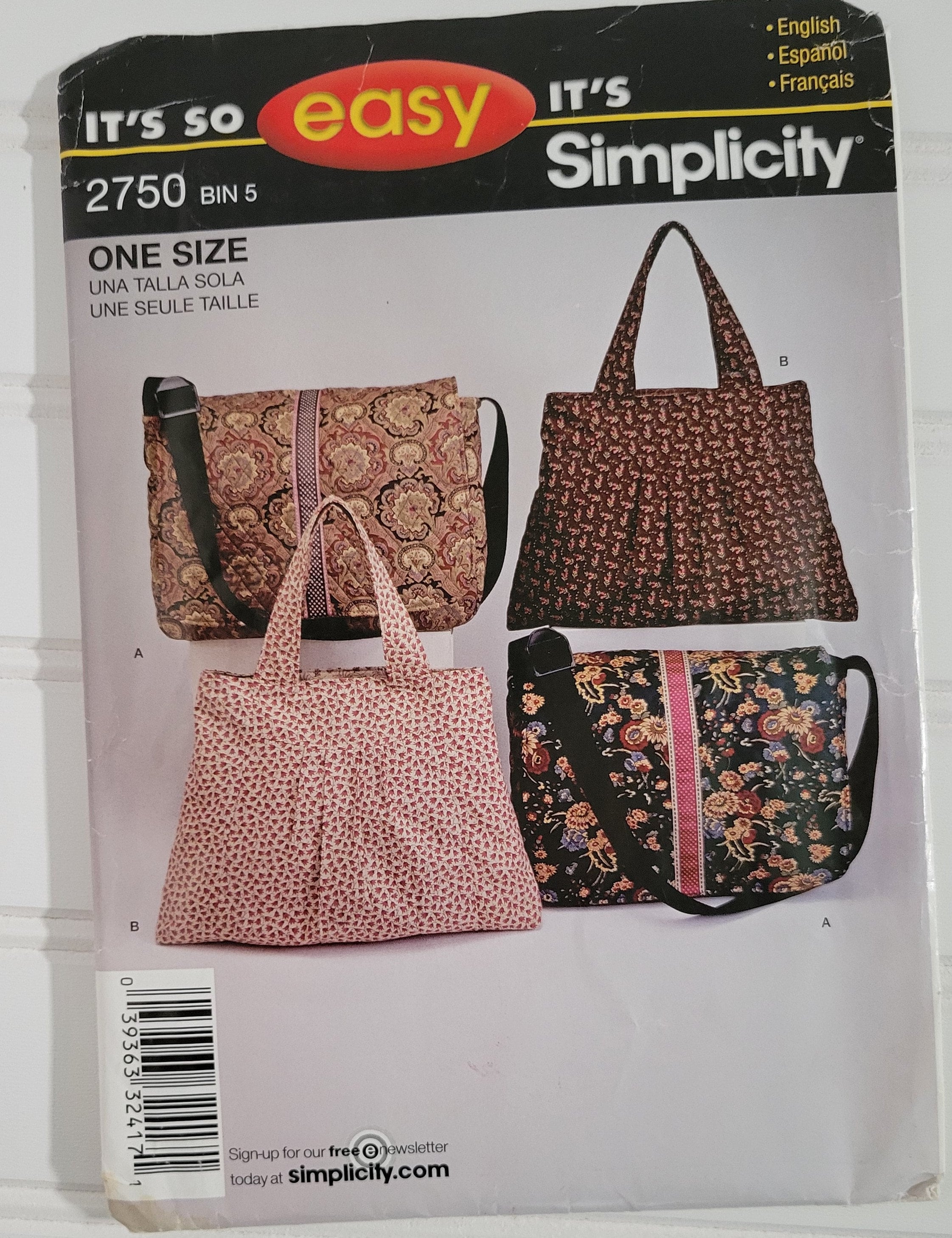UNCUT Simplicity It's so Easy Sewing Pattern 2750 Large Messenger Bag ...