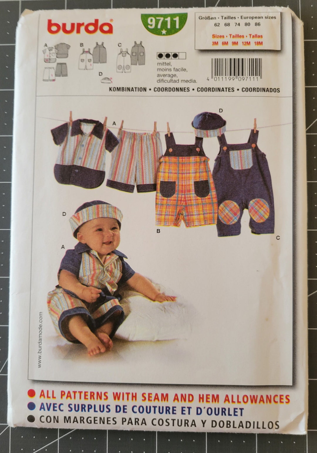 Burda 9711 Baby Clothes Sewing Pattern: Overalls, Top, Shorts, Hat ...