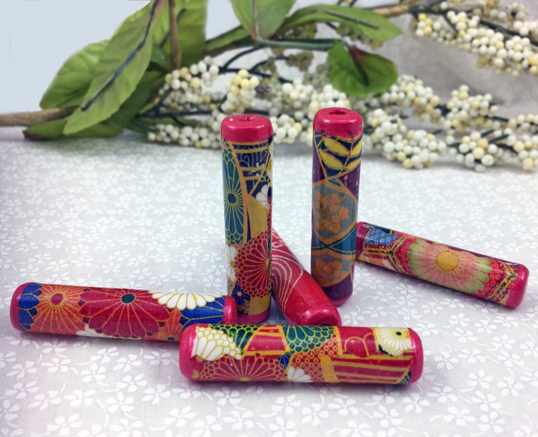 Tube Beads. Japanese Patterns With Hand Painted Red Trim - Etsy