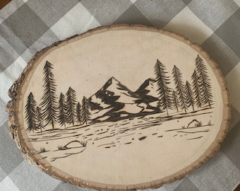 Wood Burning Mountain Scene - Etsy UK