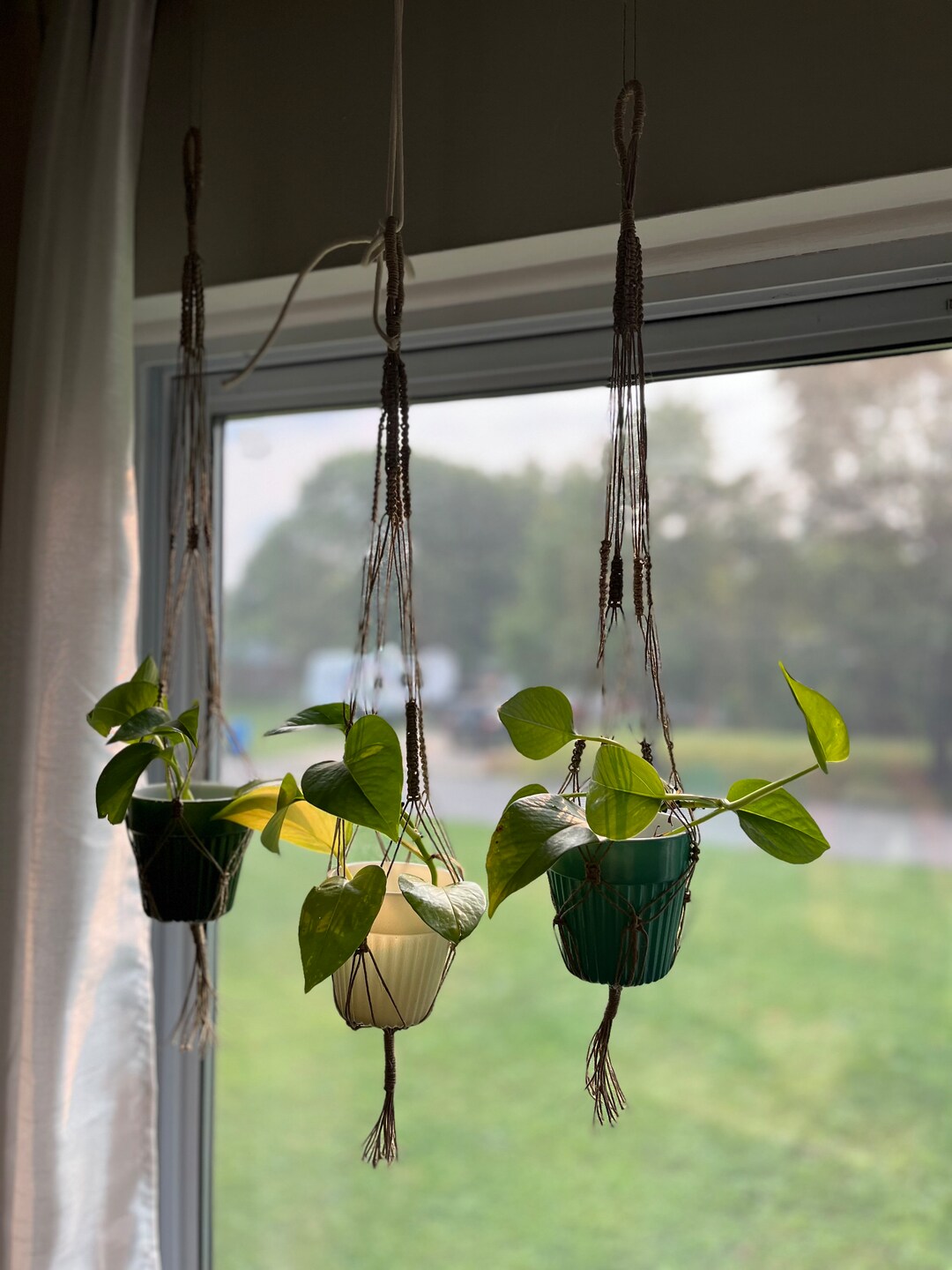 Vintage Hazel Atlas Pot With Macrame Hanger Teal - Etsy